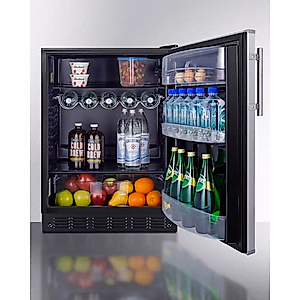 Summit FF6BK2SS 24” Wide Under Counter Refrigerator 5.5 cu.ft. Made in Europe with Automatic Defrost Operation, Reversible Stainless-Steel Door, and Deluxe black interior (Right-Hand Door)