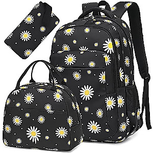 LEDAOU Backpack for Teen Girls School Bags Kids Bookbags Set School Backpack with Lunch Box and Pencil Case (White Daisies Black)