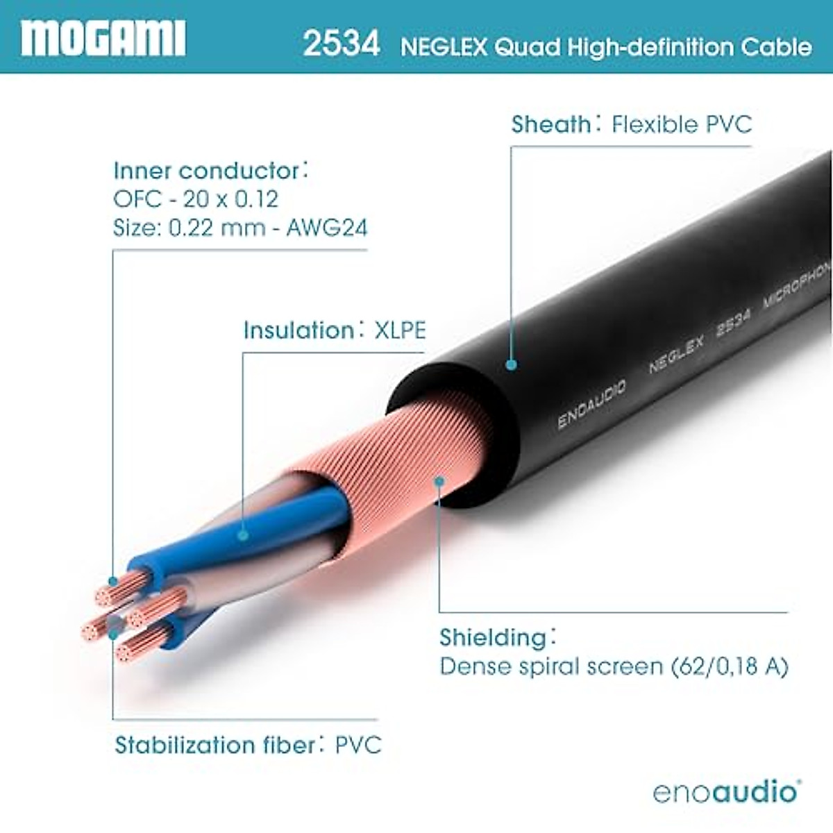enoaudio Mogami 2534 Quad Pair (L,R) Cable | Neutrik XLR Female - XLR Male | HiFi - 4.92 ft / 1.5 m