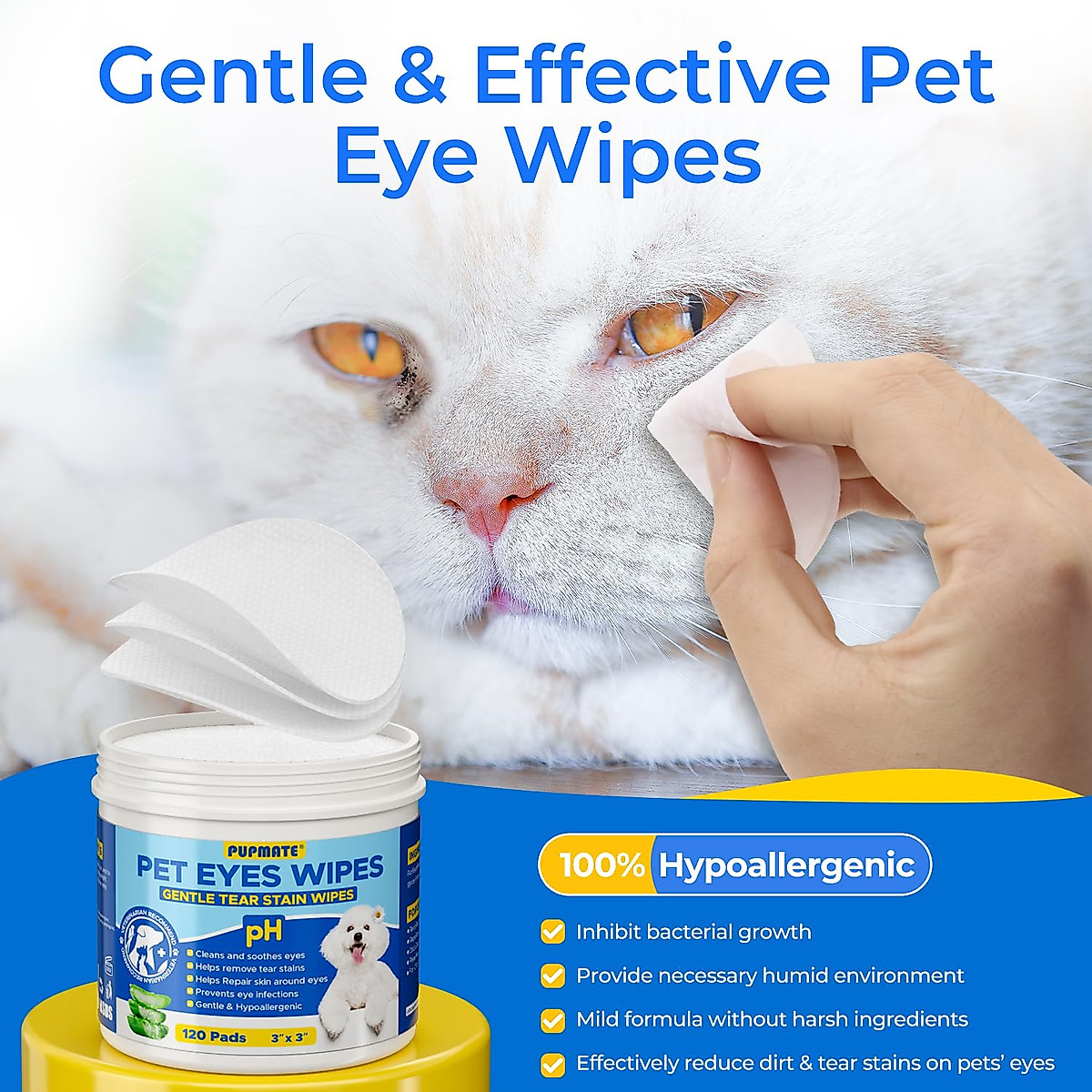 PUPMATE Eyes Wipes for Dogs & Cats | Face Tear Stain Remover | Gentle and pH Balanced | Aloe Pet Grooming Deodorizing Wipes for White Dogs Eye Debris, Discharge, Mucus, Crust 120pcs