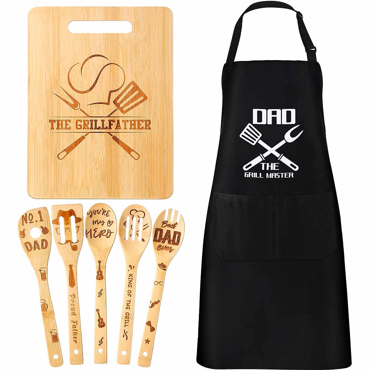 Nuenen 7 Pcs Father's Day Gifts Grandpa Gifts Papa Gifts, Dad Gift from Daughter Cutting Board Apron Bamboo Spoons Utensils(Dad)