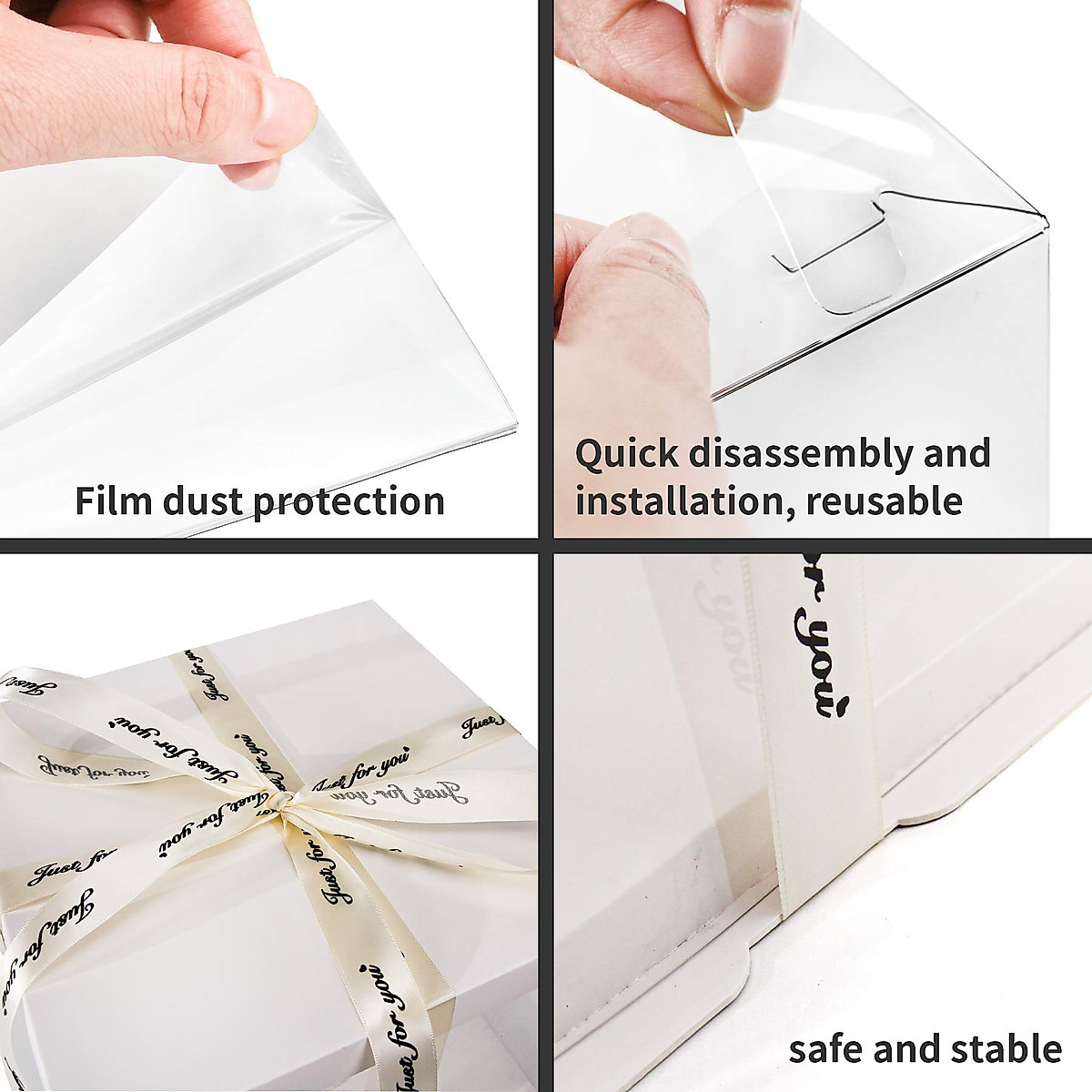 HOYA PONYOO Clear Cake Box, 2-Pack Cake Carrier Container 10" X 10" X 9" with Ribbon Transparent Boxes with Lid Gift Package for Birthday Wedding Party, White