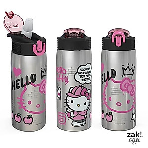 Zak Designs Sanrio Water Bottle for Travel and At Home, 19 oz Vacuum Insulated Stainless Steel with Locking Spout Cover, Built-In Carrying Loop, Leak-Proof Design (Hello Kitty)