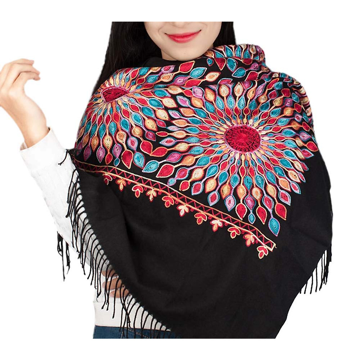 Urban CoCo Women's Embroidered Oversize Tassel Shawl Scarf Wraps for Women (Black)