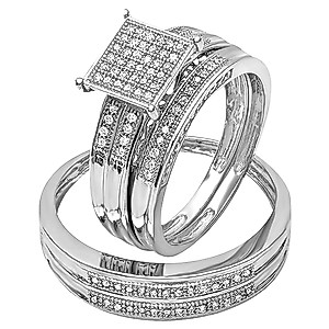 Dazzlingrock Collection Round White Diamond Square Head Filigree Wedding Trio Ring Set (0.25 ctw) in 925 Sterling Silver, Women size 9 and Men size 10