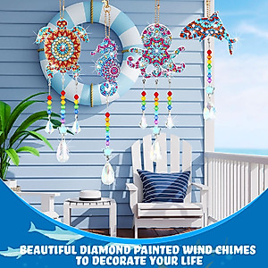 4 Pcs Diamond Painting Suncatcher Wind Chime Sea Animal Double Sided Crystal Rhinestone Big Gem Painting Suncatcher Hanging Ornament for Adults Kids Home Window Decor (Sea Style)
