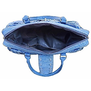 Upcycling Blue Denim Jean Large Capacity Doctor Style with Hand Stitching Edge Top Handle Satchel Structured Handbag for Women