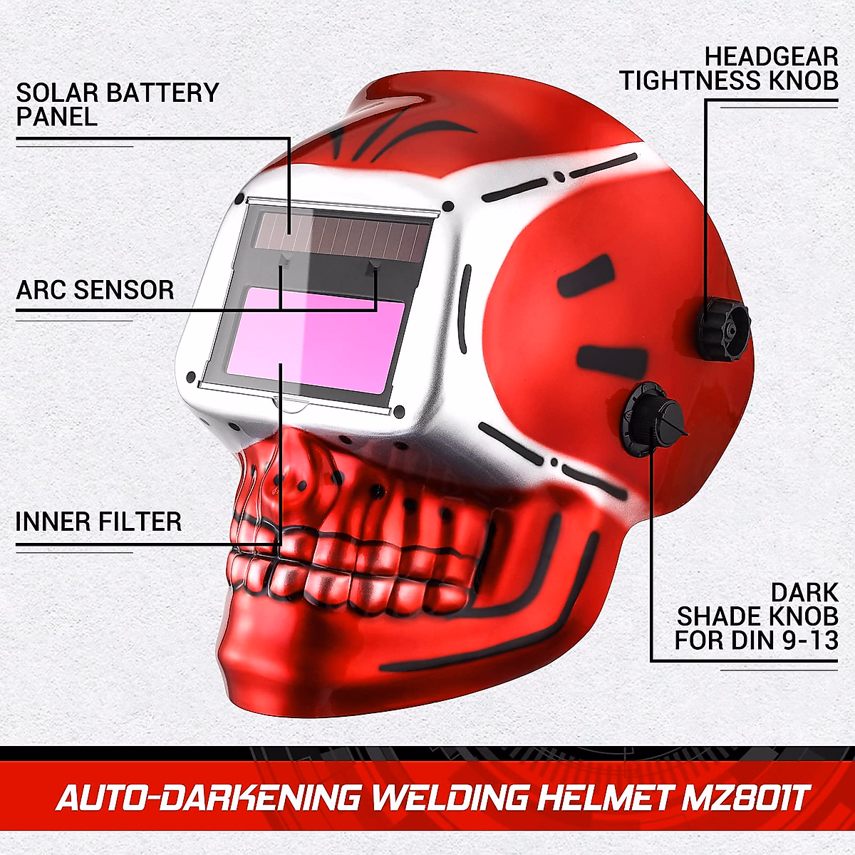 DEKORPO Welding Helmet Auto Darkening: True Color Solar Powered Auto Darkening Welding Helmets Welder Mask Hood (Skull Design)