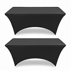 PureFit Spandex Black Table Covers 6ft Fitted Table Clothes for 6 Foot Rectangle Tables, Elastic Massage Table Cover, Stretch Wrinkle Free Tablecloth for Party, Wedding, Birthday, Vendor Stand, 2 Pack