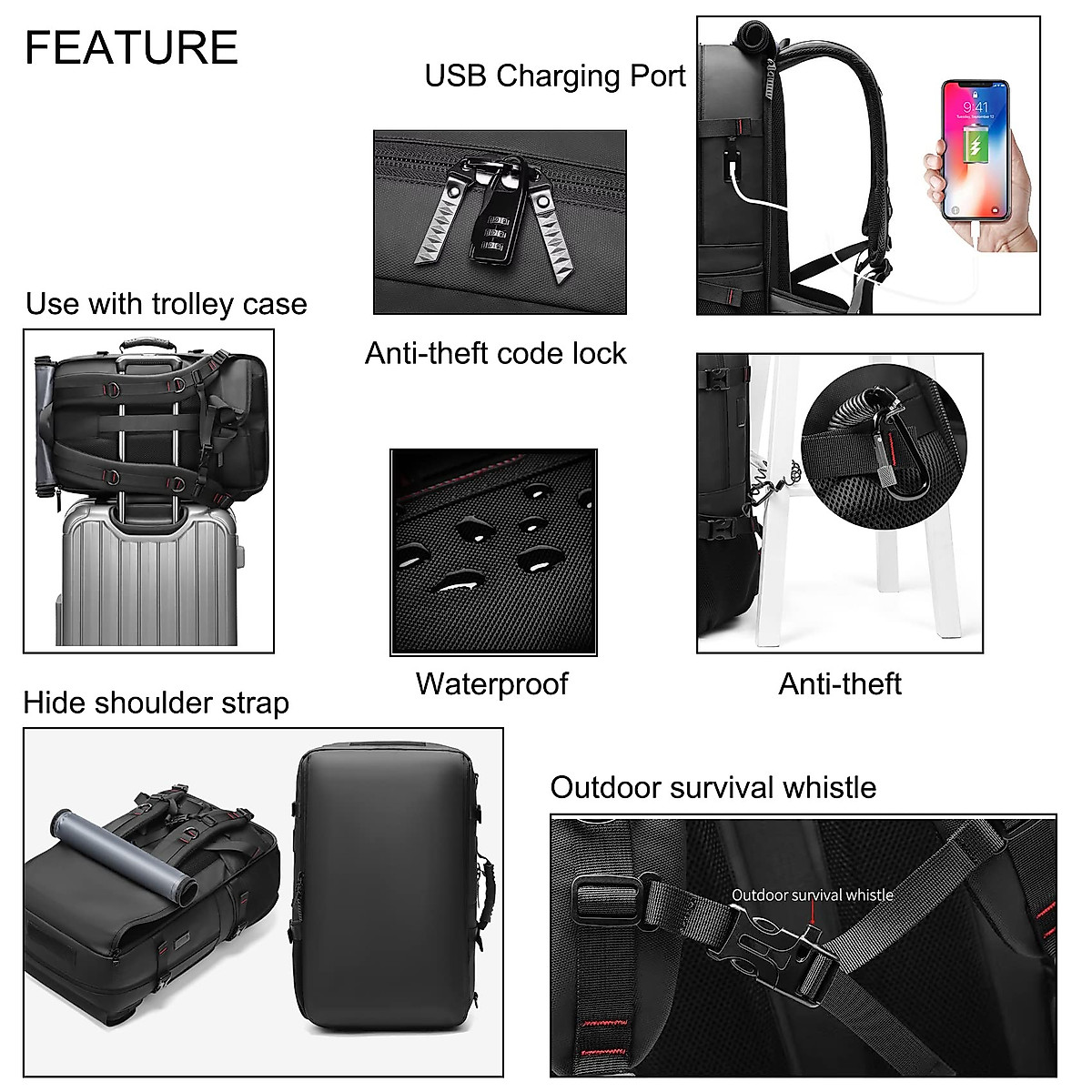 DBNAU Travel Backpack, 17 inch Business Laptop Backpack, Separate Shoe Bag and Hidden USB Charging Port, Waterproof Anti-Theft Durable College School Gift Backpack for Men Women (Black 50L, 22inch)