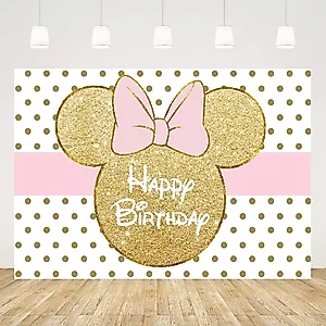 Withu Gold Mouse Backdrop Polka Dot Cartoon Pink Themed Princess Girl Birthday Party Baby Shower Newborn Photography Background Studio Props Banner 7x5ft