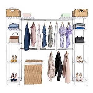 Seville Classics Closet Garment Organizer with Metal Hanging Rod Wardrobe Storage System, w/ Steel Shelves for Clothes, Shirts, Jackets, Coats, Blankets, Shoes, White, Expandable Rack
