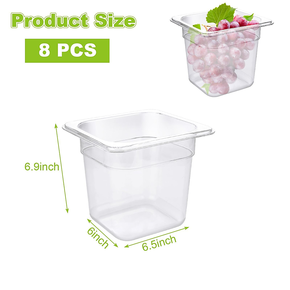 Oungy 8 Pack Clear Plastic Food Pans Plastic Clear Food Pan with Capacity Indicator 1/6 Size 6 Inch Deep Restaurant Commercial Hotel Pans for Fruits Vegetables Corns Beans
