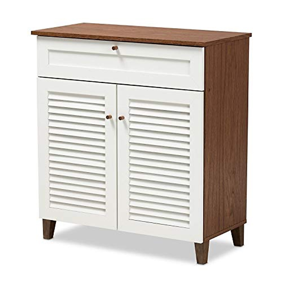 BOWERY HILL Modern and Contemporary White and Walnut Finished 4-Shelf Wood Shoe Storage Cabinet with Drawer