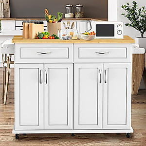 Pliwier Kitchen Island Cart on Wheels with Cabinet, Rubberwood Countertop, Lockable Casters, Adjustable Shelves, Kitchen Storage Islands for Dining Room, L48xW18xH36 Inches, Easy Assembly