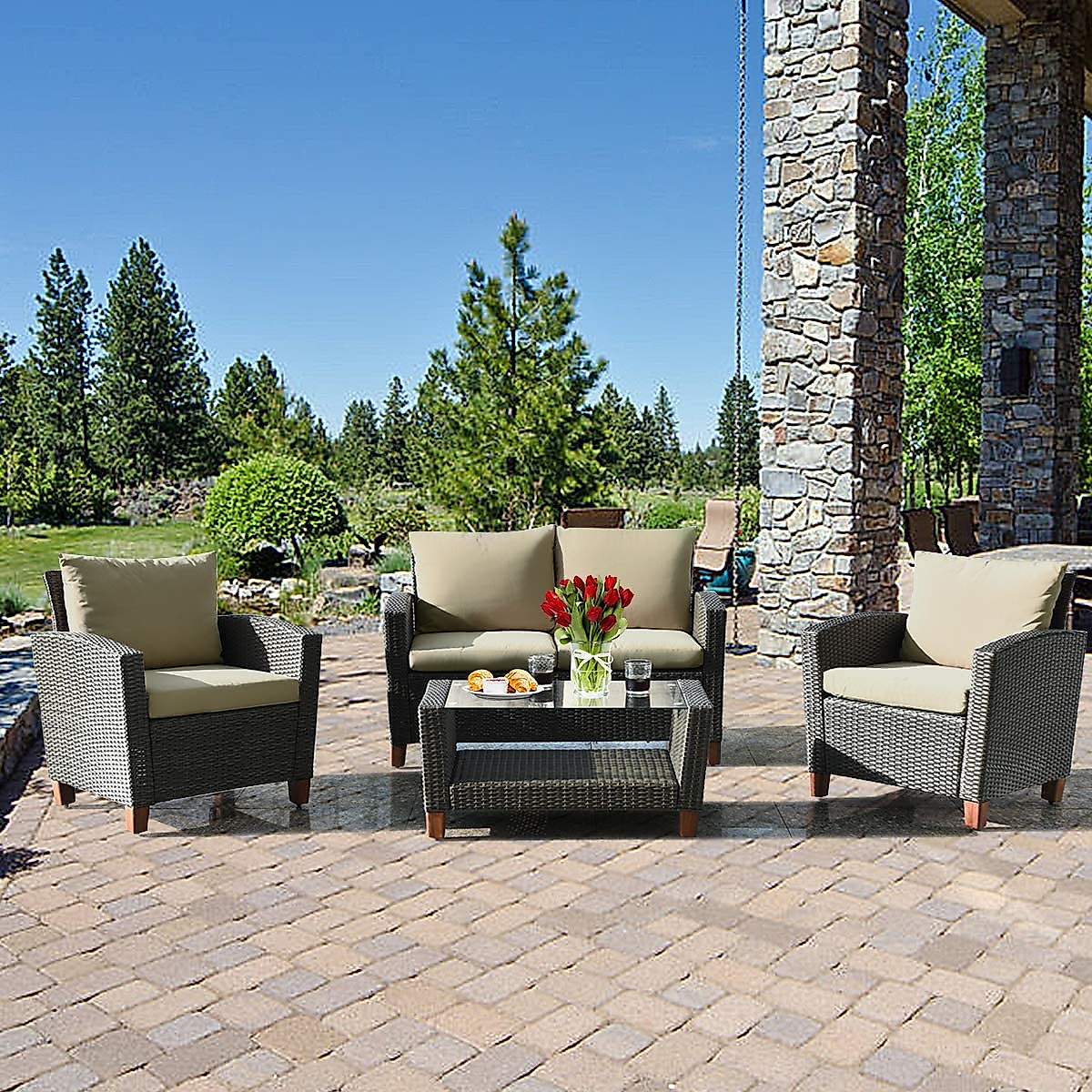 HAPPYGRILL 4 Pieces Patio Conversation Set Outdoor Rattan Wicker Furniture Set Sectional Wicker Sofa Chair & Coffee Table Set for Porch Poolside Backyard