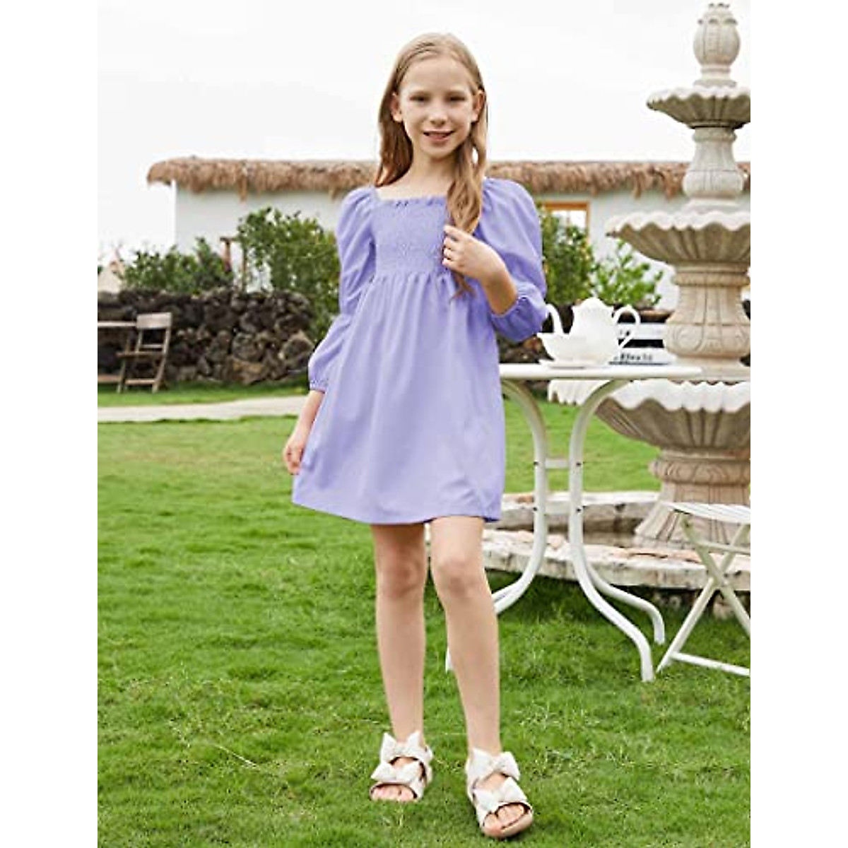 Girl Dresses Square Neck Long Puff Sleeve A-Line Casual Elegant Dress for Girls Purple 7-8 Years