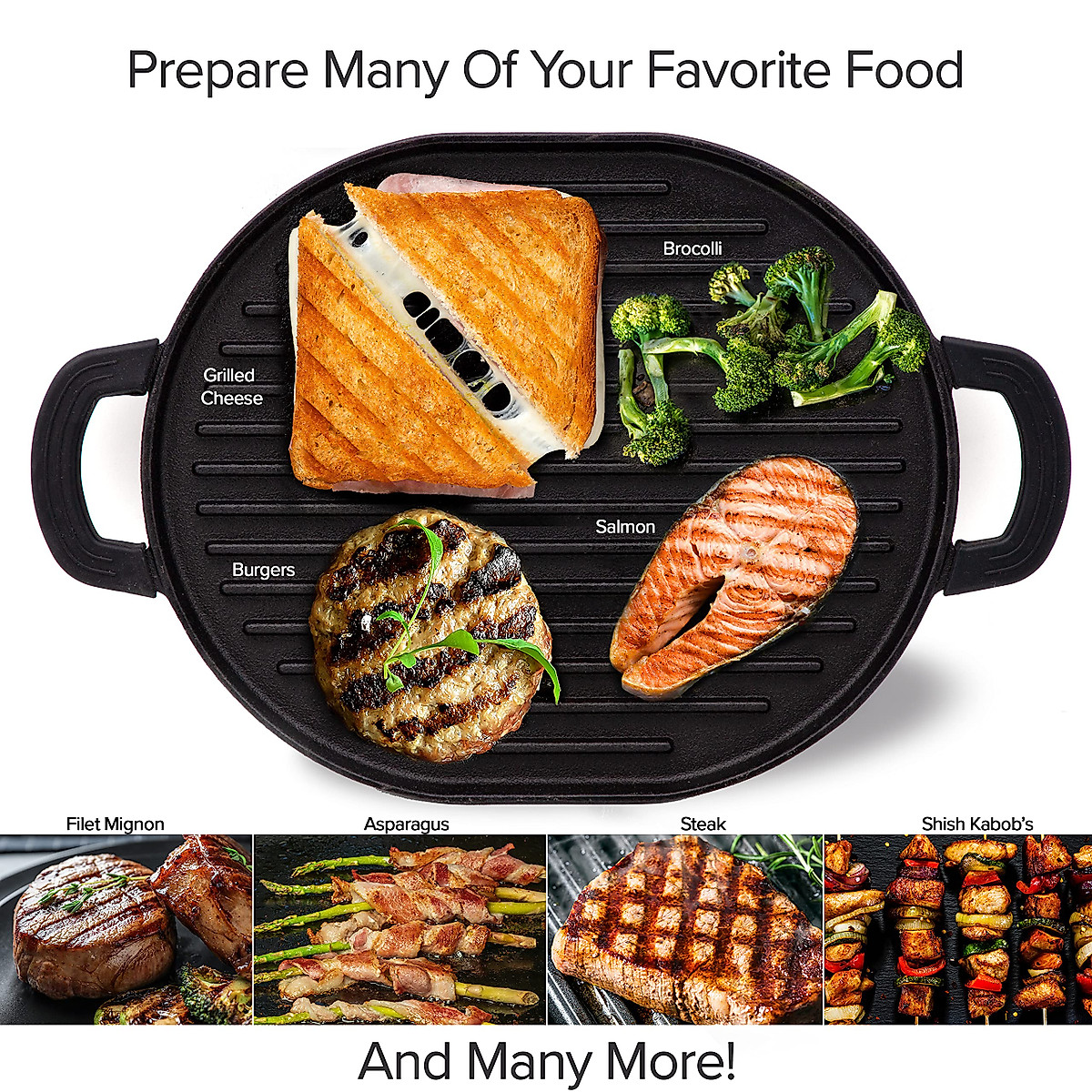 Nuwave Cast Iron Grill, 12.42”x10.21” Non-Stick Grilling Surface, Deep Grill Ridges, Pre-Seasoned, Stay-Cool Silicone Handles, Easy-to-Clean,Oven Safe,Stovetop,BBQ,Fire & Smoker,Induction-Ready,Black