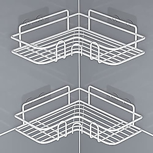 LAIGOO Adhesive Shower Caddy Corner Shelf, Metal Bathroom Shelf Wall Mounted Shower Shelf, Non-Drilling Floating Shelves for Shower Organizer/Bathroom Organizer/Kitchen (2 Pack, White)