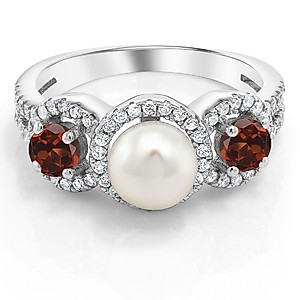 Gem Stone King 925 Sterling Silver Cultured Freshwater Pearl and Red Garnet Ring For Women (1.54 Cttw, Gemstone Birthstone, Available In Size 5, 6, 7, 8, 9)