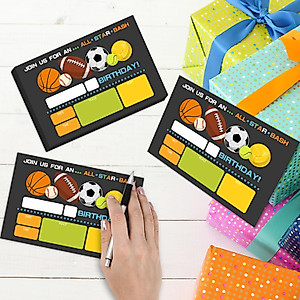 25 All Star Sport Birthday Party Invitations Cards with Envelopes, Basketball Baseball Football Party Invitations, Birthday Celebration Supplies, Double-sided Fill-in bday Invites for Boys Girls- A01
