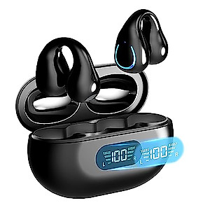 EUQQ Open Ear Clip Headphones, Wireless Earbuds Bluetooth 5.3, Sports Earbuds Built-in Microphone with Earhooks & Ear Hook, Wireless Charging Case & Display, Waterproof Fitness Earbuds for Running