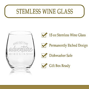 Veracco And So The Adventure Begins Stemless Wine Glass Funny BirthdayGift For Someone Who Loves Drinking Bachelor Party Favors (Clear, Glass)