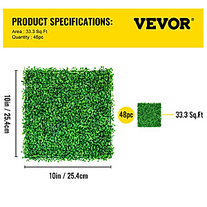 VEVOR Artificial Boxwood Panels 48PCS 10" x 10", UV-Anti Boxwood Hedge Wall Panels, Artificial Grass Backdrop Wall 1.6", Green Grass Wall for Decor Privacy Fence Indoor Outdoor Garden Backyard