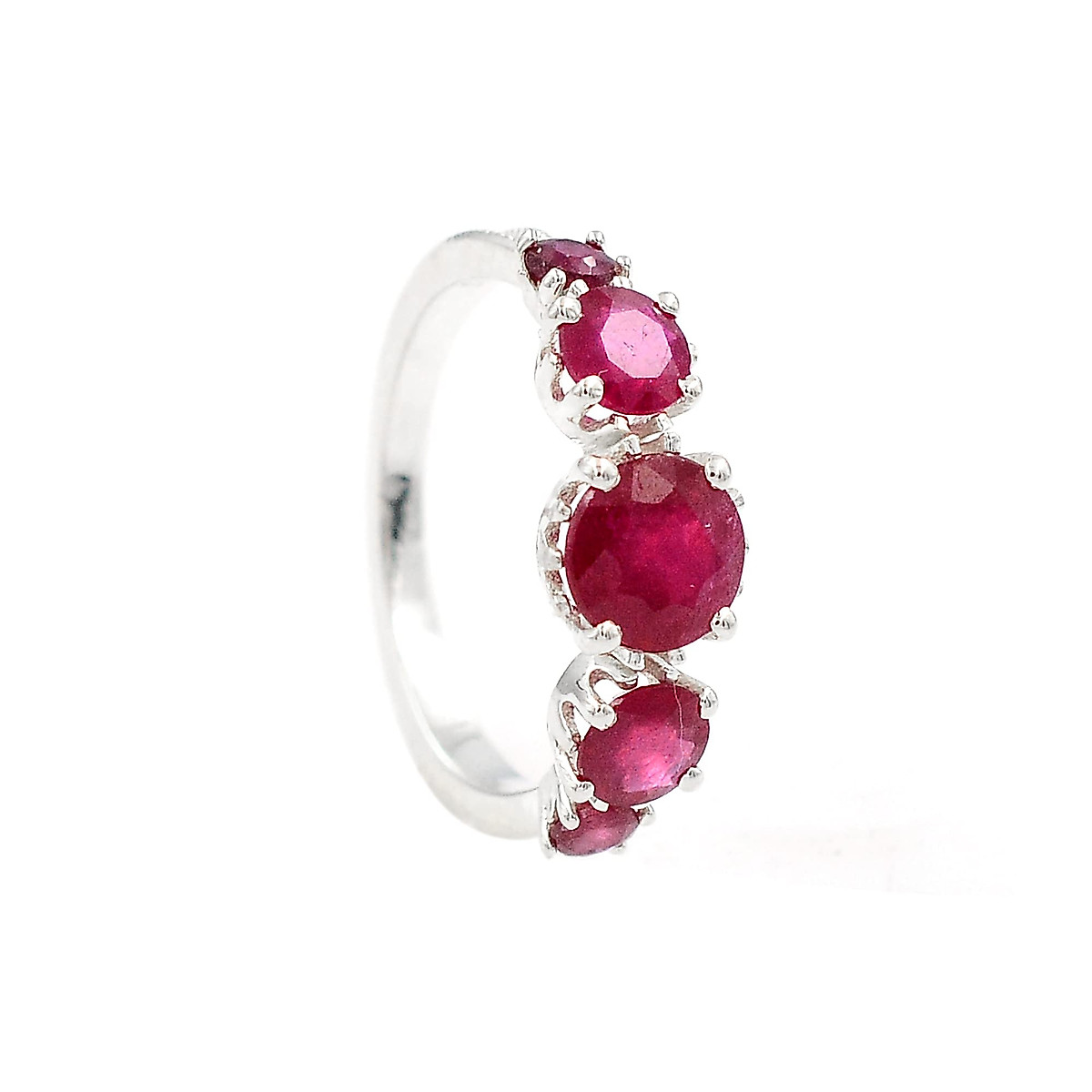 7 MM Round Cut Natural Red Ruby Gemstone 925 Sterling Silver July Birthstone Three Stone Proposal Ring For Girlfriend Gift (Rose Gold Rhodium Plated Silver, 9)