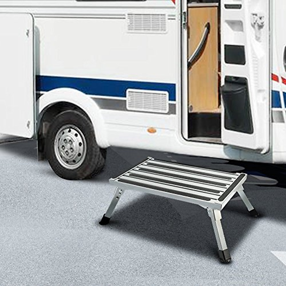 Anordsem Step Stool Folding Aluminum RV Step Platform with Anti-Slip Surface Sturdy Lightweight Maximum Load is 550 LB Perfect as RV Motorhome Trailer SUV Camper Extra Step