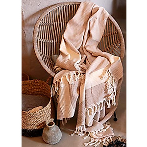 Fringe Home Throw Blanket, Boho Throw Blanket, 68" x 51" Throw Blanket for Sofa, Cotton Throw Blanket, Couch Throw Blanket, Made in Turkey (Boho - Beige)
