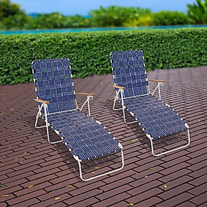 RIO Brands High Back Outdoor Folding Chaise Lounge Chair with Blue Woven Webbing, White Powder Coated Steel Frame and Hardwood Armrests, Blue (2 Pack)