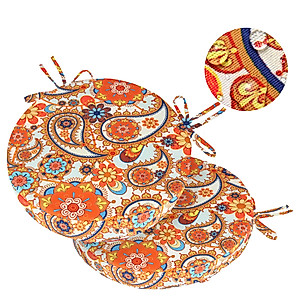 GUEGLSA Indoor Outdoor Round Chair Cushions 15 inch, Waterproof Bistro Seat Cushion with Ties ，Non Slip Circle Stool Chair Pads Set of 2, Orange Paisley