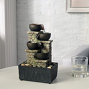 9.3 Inches 4-Tier Cascading Bowl Fountains Indoor Waterfall Fountain Relaxation Water Fountains Meditation Tabletop Fountain Artistic Desk Fountains with LED/Rocks Home/Office Decoration
