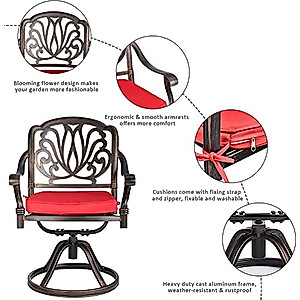 LEISU 2 Piece Cast Aluminum Bistro Dining Chair Outdoor Bistro Chairs for Home Patio Garden Deck (2 Swivel Rocker Chairs with Red Cushions)