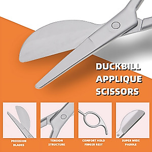 Duckbill Applique Scissors 5.63 Inch Carpet Pile Scissors Bent Curved Offset Handle with Finger Rest, Paddle Shaped Blades, Razor Sharp Cut, Stainless Steel, for Embroidery, Fabric, Arts & Craft