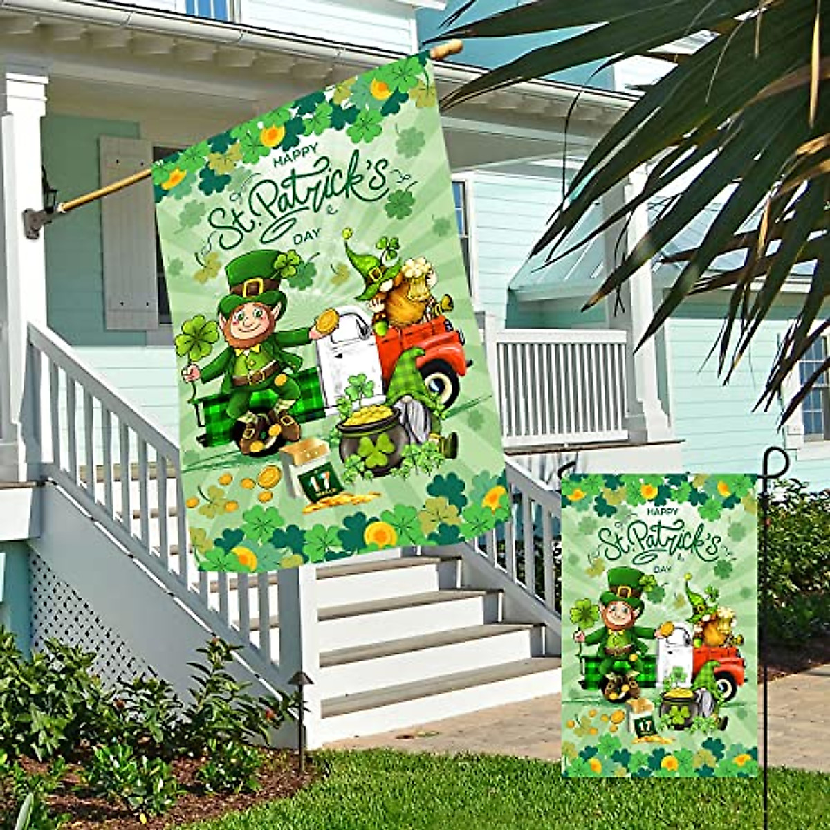Q-Leo St Patricks Day Flag, Set 2 House Flag 28 x 40 and Garden Flag 12x18 Double Side, St. Patrick's Day Flags with Leprechaun Gnomes Shamrock Clover Green Hat Welcome Signs for Outdoor Decor