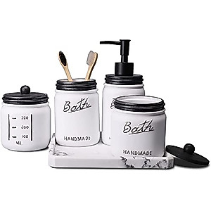 LKKL Mason Jar Bathroom Accessories - 5PCS Mason Jars Soap and Lotion Dispenser Set - Bathroom Sets 2 Apothecary Jars, 1 Toothbrush Holder, 1 Soap Dispenser, 1 Bathroom Tray (Black/White)