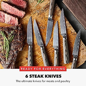 GreenPan x Bobby Flay 6 Piece Steak Knife Set with Wood Storage Box, Premium Stainless Steel Blades, Precision Cutting Tools, Ultra-Versatile Cutlery, Hand Finished Wood Handle, Damascus Steel Design