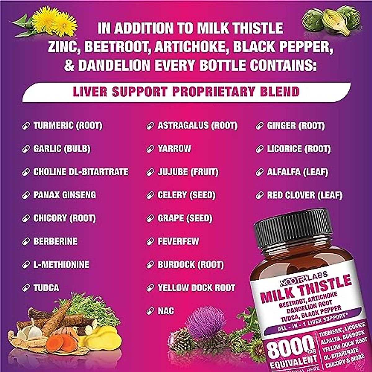 All-in-1 8000mg Highest Potency Milk Thistle NAC BeetRoot Artichoke Dandelion Root - Liver Health Support, Cleanse Detox & Repair, Antioxidant, Plus TUDCA Choline and Ginger - 90 Vegan Capsules
