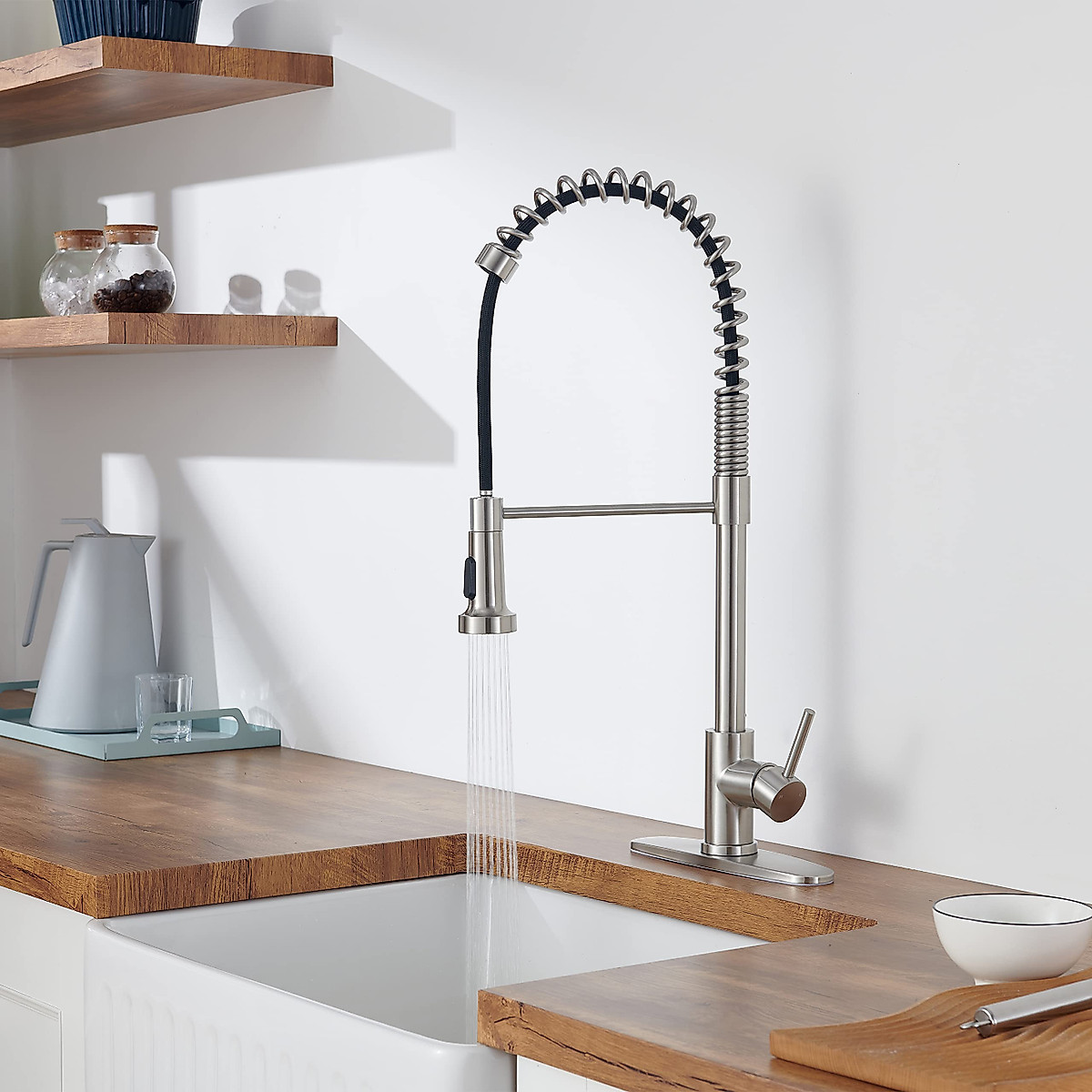 Modern Pull Down Single Handle Kitchen Faucets with Supply Lines and Deck Plate, Brushed Nickel