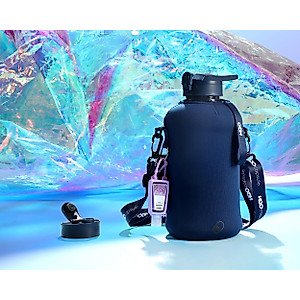 H2O Capsule 2.2L Half Gallon Water Bottle with Storage Sleeve and Covered Straw Lid – BPA Free Large Reusable Drink Container with Handle - Big Sports Jug, 2.2 Liter (74 Ounce) Navy Blue