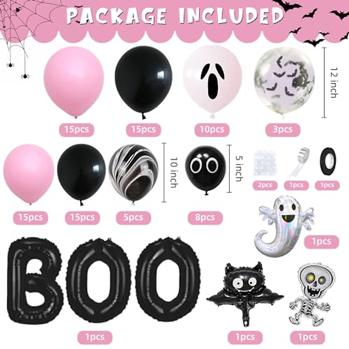 Halloween Balloon Garland Kit, GREMAG Halloween Decorations with Black Macaron Pink Agate Black Eyes Ghost Balloon, BOO Bat Skull Ghost Aluminum Film Balloon, 88 Pcs Set Halloween Party Favors for Kid