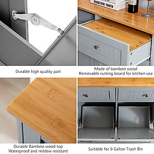 Double Trash Cabinet Tilt Out 20 Gallon, Pet Proof Kitchen Trash Cabinet Laundry Hamper with Cutting Board, Wood Garbage Recycling Station Hideaway Trash Holder Drawers (Grey)