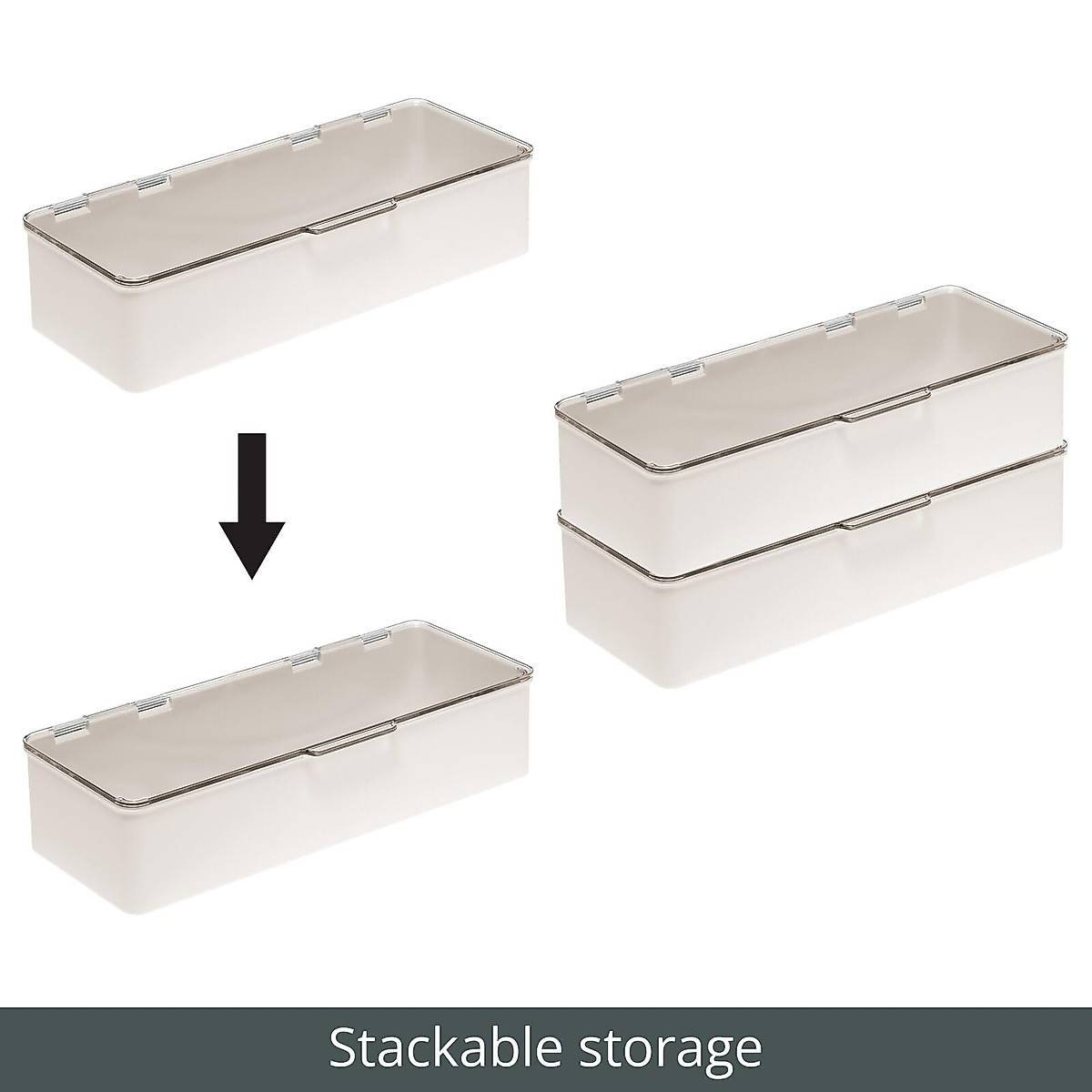 mDesign Long Plastic Cosmetic Storage Organizer Box Containers, Hinged Lid for Bedroom, Bathroom Vanity Shelf or Cabinet, Holds Masks, Palettes, Lotion, Nail Polish, 2 Pack, Cream/Beige/Clear