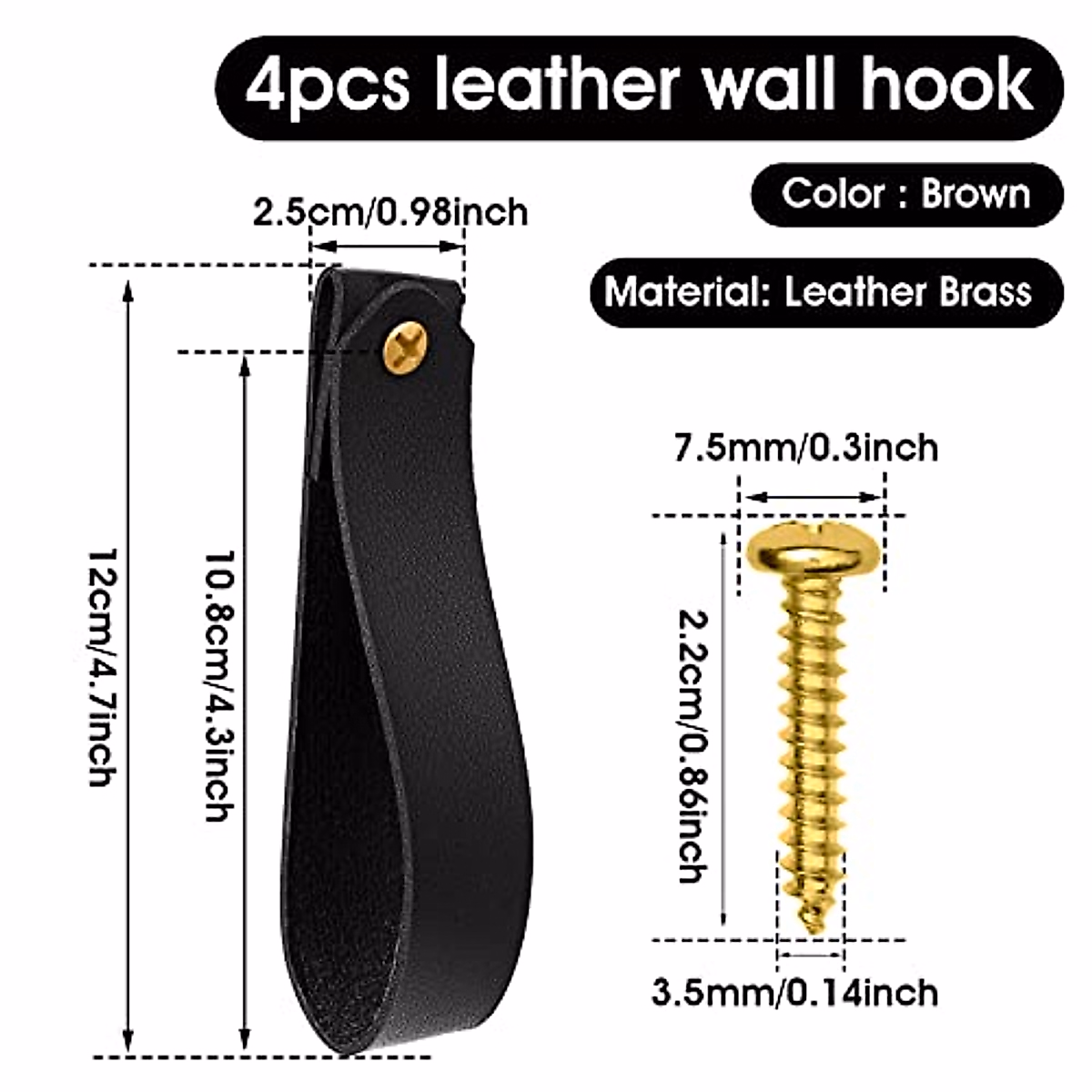 Abeillo 4 Pcs Leather Wall Hooks, Medium Leather Straps Hanger Towel Hook, Leather Strap Shelf Wall Hanging Strap Holder for Bathroom Kitchen Bedroom Nordic Boho Decor(Black)