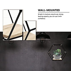 YARDWE Home Décor Wall Mounted Shelves Metal Iron Wire Hexagon Design with Wooden Base Display Racks Floating Shelves for Home Office Decoration Black Ornament Holders