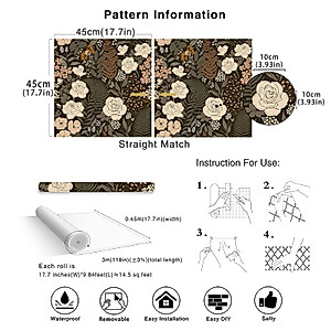 HAOKHOME Peel and Stick Wallpaper Floral Vintage Removable Rose Leaf Black/Brown/Beige Stick on Mural 17.7in x 9.8ft