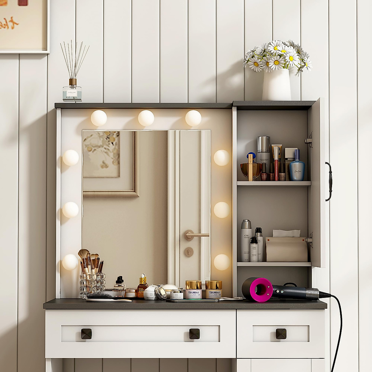31.5" Makeup Vanity Desk with Mirror and Light, Farmhouse Vanity with 2 Drawer&Power Outlet, 3 Color Lighting Modes, Bedroom Vanity Desk for Girls, Women