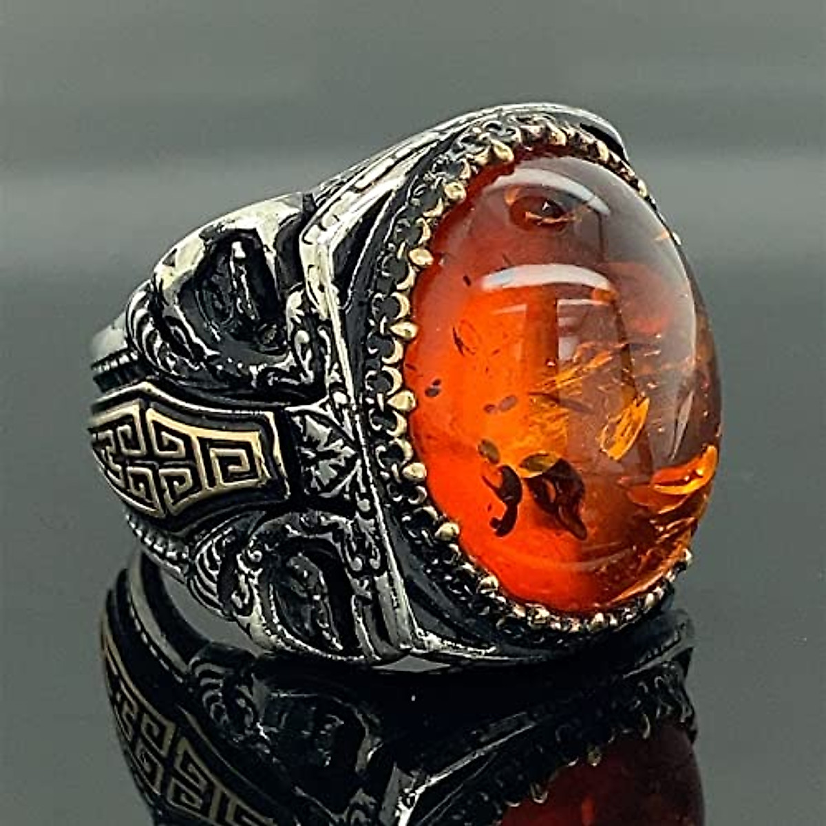 Mens Handmade Ring, Amber Stone Ring, Honey Amber Ottoman Mens Ring, Natural Stone, Men Ring, Gift for Him, 925k Sterling Silver Ring